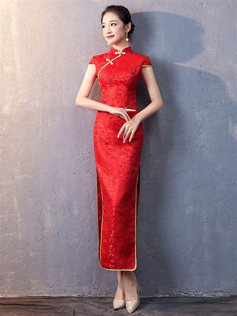 Red Woven Floral Long Qipao Cheongsam Wedding Dress CozyLadyWear