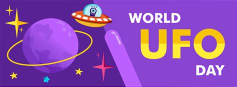 세계 Ufo의 날 행성 토성과 휴머노이드가 있는 비행 접시인 Ufo 비행기의 벡터 일러스트레이션 포스터 템플릿 또는 배너에