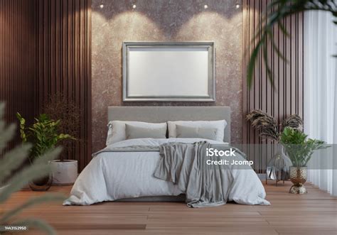 모형 사진 프레임이 있는 침실의 3d 현대적인 인테리어 0명에 대한 스톡 사진 및 기타 이미지 0명 3차원 형태 가구 Istock
