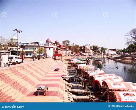 Mandakini River Boats And The Houses In Chitrakoot City Editorial