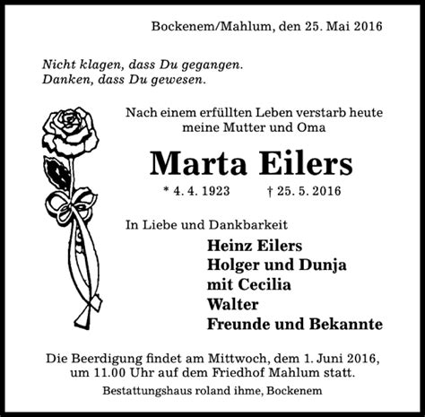 Traueranzeigen Von Marta Eilers Trauerportal Hildesheimer Allgemeine Zeitung