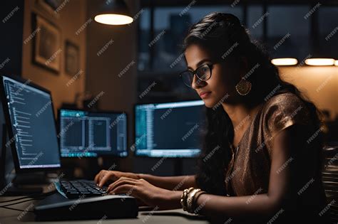 Premium Photo Young Indian Girl Programmer Writing Code On The
