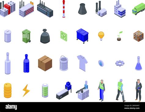 Recycle Factory Icons Set Isometric Set Of Recycle Factory Vector