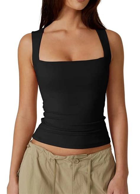 Qinsen Womens Square Neck Sleeveless Double Layer Tank Tops Basic