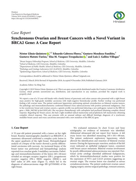 Pdf Synchronous Ovarian And Breast Cancers With A Novel Variant In