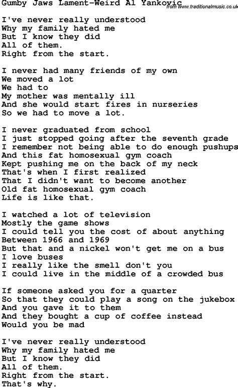 Novelty Song Gumby Jaws Lament Weird Al Yankovic Lyrics