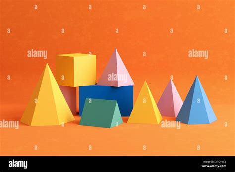 Three Dimensional Prism Pyramid And Rectangular Cube Objects On Orange Colored Background