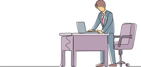 Single One Line Drawing Man Employee Working At Ergonomic Workstation