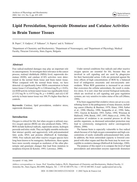 Pdf Lipid Peroxidation Superoxide Dismutase And Catalase Activities