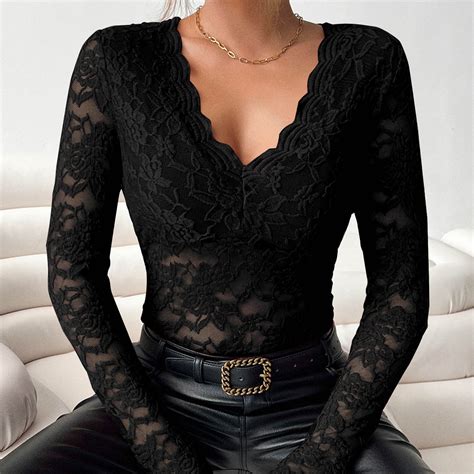 End Of Season Sale Womens Lace V Neck Blouse Long Sleeve Casual