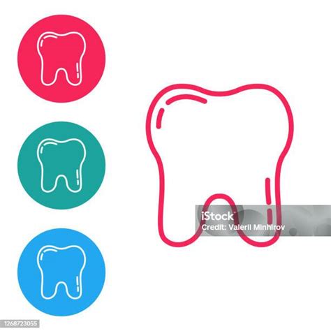 흰색 배경에 격리 된 빨간색 선 치아 아이콘 치과 진료소 또는 치과 의사 의료 센터 및 치약 패키지를위한 치아 기호 원 버튼에 아이콘을 설정합니다 벡터 개념에 대한 스톡
