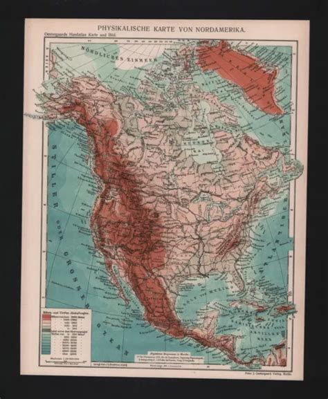 LANDKARTE MAP 1929 Physikalische Karte Von Nord Amerika U S A Canada