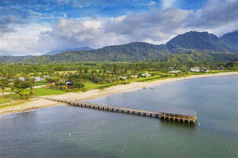Aerial View By Drone Of Hanalei Bay Pier Kauai Island Hawaii United