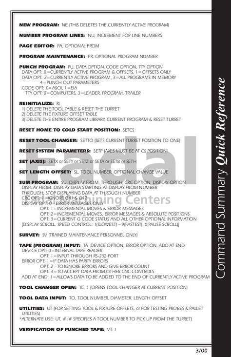 Fadal Command Summary Quick Reference Manual Pdf