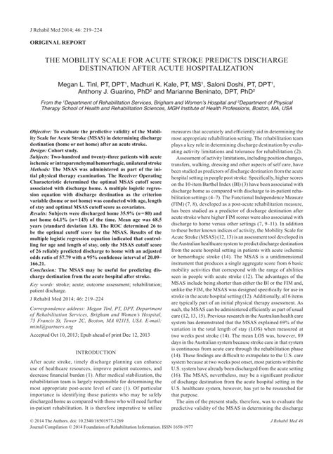 pdf the mobility scale for acute stroke msas predicts discharge