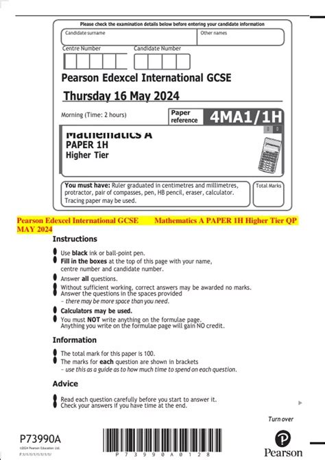 Pearson Edexcel International Gcse Mathematics A Paper 1h Higher Tier Qp May 2024 Pearson