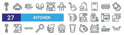 스키머 냅킨 접시 주방 벙어리 장갑 커피 메이커 커피 하인 유리 모바일 앱 웹 디자인용 설탕 체 벡터 아이콘과 같은 27개의 얇은 라인 주방 아이콘 세트 0명에 대한 스톡