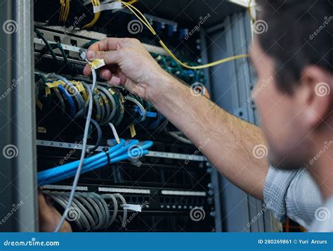 Server Room Technician And Hands Of Man With Cable For Programming