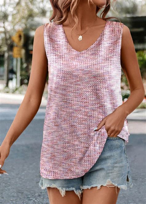 Button Pink Sleeveless V Neck Tank Top Usd 2518