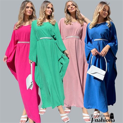 Womens Embellished Belted Kaftan Maxi Dress Ladies Long Sleeve Belted