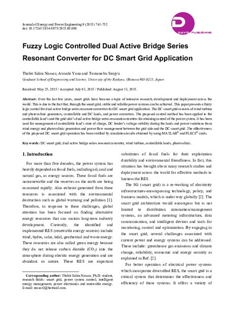 Pdf Fuzzy Logic Controlled Dual Active Bridge Series Resonant Converter For Dc Smart Grid