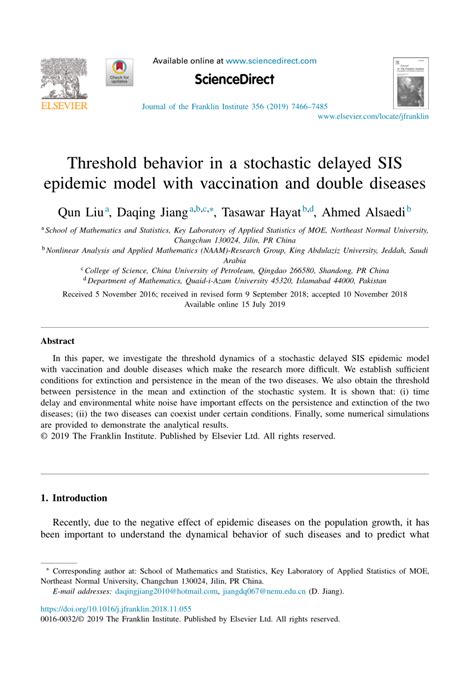 Pdf Threshold Behavior In A Stochastic Delayed Sis Epidemic Model With Vaccination And Double