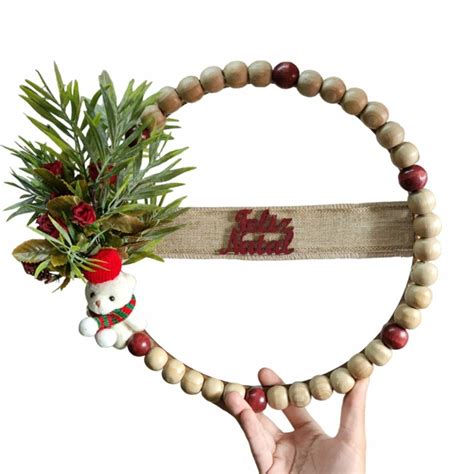 Guirlanda De Natal Bolas De Madeira Ursinho E Ramos 30 Cm