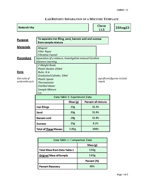 Lab Report Separation Of A Mixture Template Lab Report Separation Of