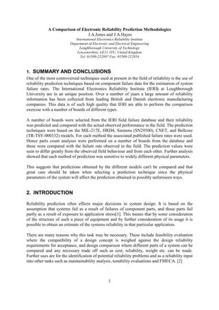 Draft Comparison Of Electronic Reliability Prediction Methodologies PDF