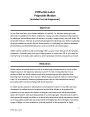 Lab Projectile Motion Pdf Projectile Motion PHYS LA Lab Projectile Motion Includes Pre
