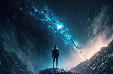 Premium AI Image Fantasy Illustration Of Man Standing And Looking Up