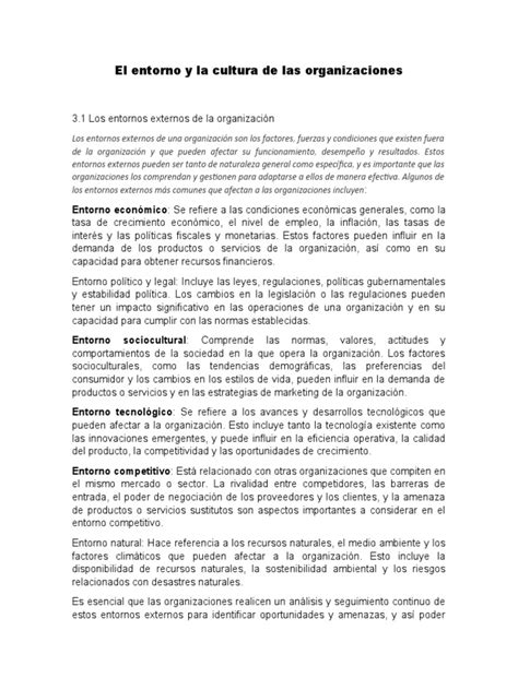 El Entorno Y La Cultura De Las Organizaciones Resumen Para Exposicion