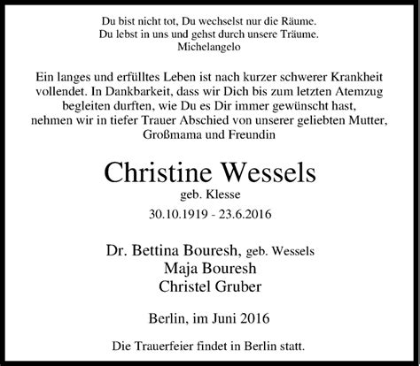 Traueranzeigen Von Christine Wessels Trauer In Nrwde