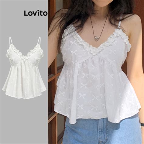 Lovito Women Casual Plain Lettuce Trim Eyelet Embroidery Tank Top