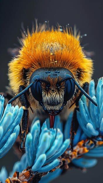Macro Photography Of A Bumblebee On Blue Flowers Showcasing Stunning Details Of Its Furry Body