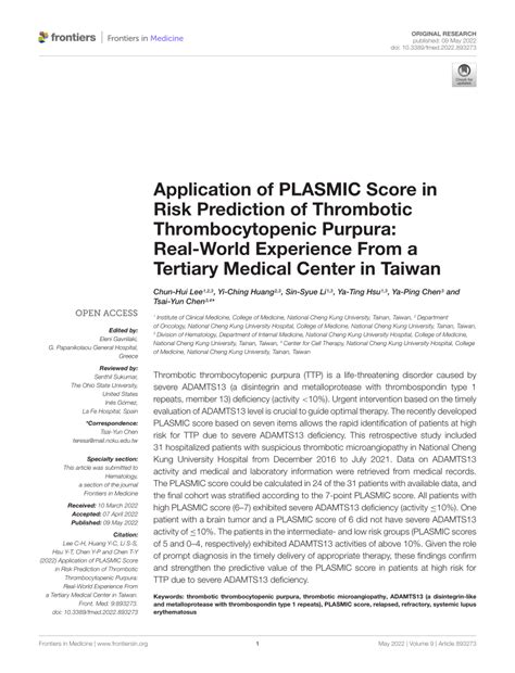 Pdf Application Of Plasmic Score In Risk Prediction Of Thrombotic
