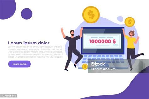 상금 은행 수표 백만 달러 보유 캐릭터 당첨 복권 플랫 디자인의 벡터 일러스트레이션 가능성에 대한 스톡 벡터 아트 및 기타