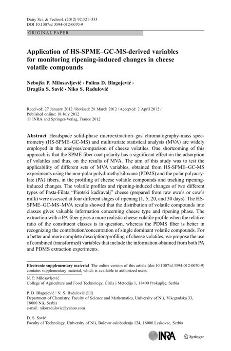 PDF Application Of HS SPMEGC MS Derived Variables For Monitoring Ripening Induced Changes In