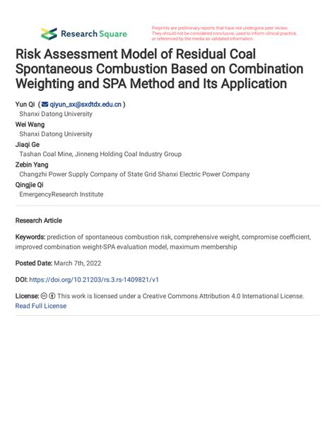 PDF Risk Assessment Model Of Residual Coal Spontaneous Combustion