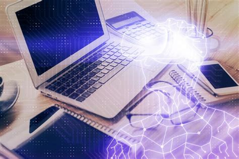Computadora de escritorio con icono de tema ar exposición múltiple concepto de realidad
