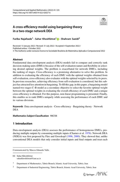 Pdf A Cross Efficiency Model Using Bargaining Theory In Two Stage Network Dea