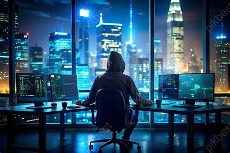 Programmer In Cyberpunk Office With Multi Monitor Coding Setup