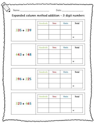 year 3 year 4 expanded column method 2 digits and 3 digits with