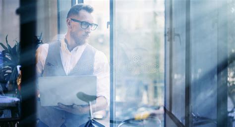 Young Bearded Businessman Wearing Glasses White Shirt Waistcoat Office