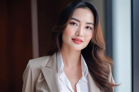 Premium Ai Image A Woman In A Suit Stands In Front Of A Window