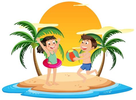 Niños Que Disfrutan De Las Vacaciones De Verano En La Isla Ilustración