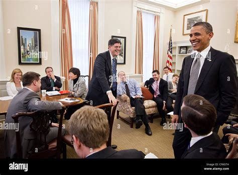 President Barack Obama Stops By A Senior Staff Meeting In Chief Of