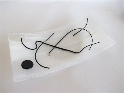 Glass Art Sushi Plate Fused Glass Tray Black White Abstract Lines Art
