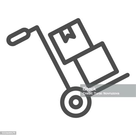 상자 라인 아이콘 배달 및 물류 기호 흰색 배경에화물 운송 벡터 기호 카트 윤곽 스타일의 골판지 아이콘이있는 손수레 벡터 그래픽입니다 아이콘에 대한 스톡 벡터 아트 및 기타