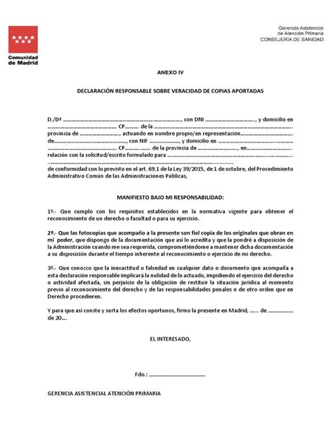 Anexo Iv Declaracion Responsable Sobre Veracidad De Copias Aportadas Pdf